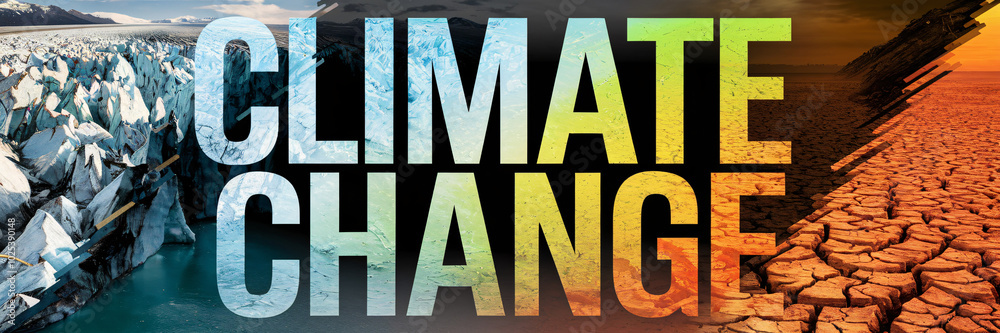 "Climate Change" text in gradient colors dividing a frozen glacier from ...