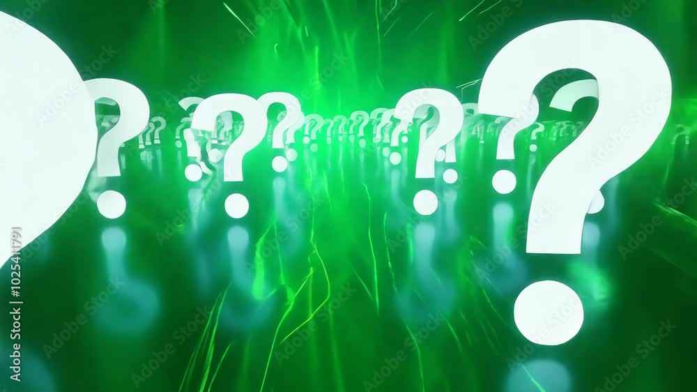 The camera flies through a sequence of large, glowing question marks on ...