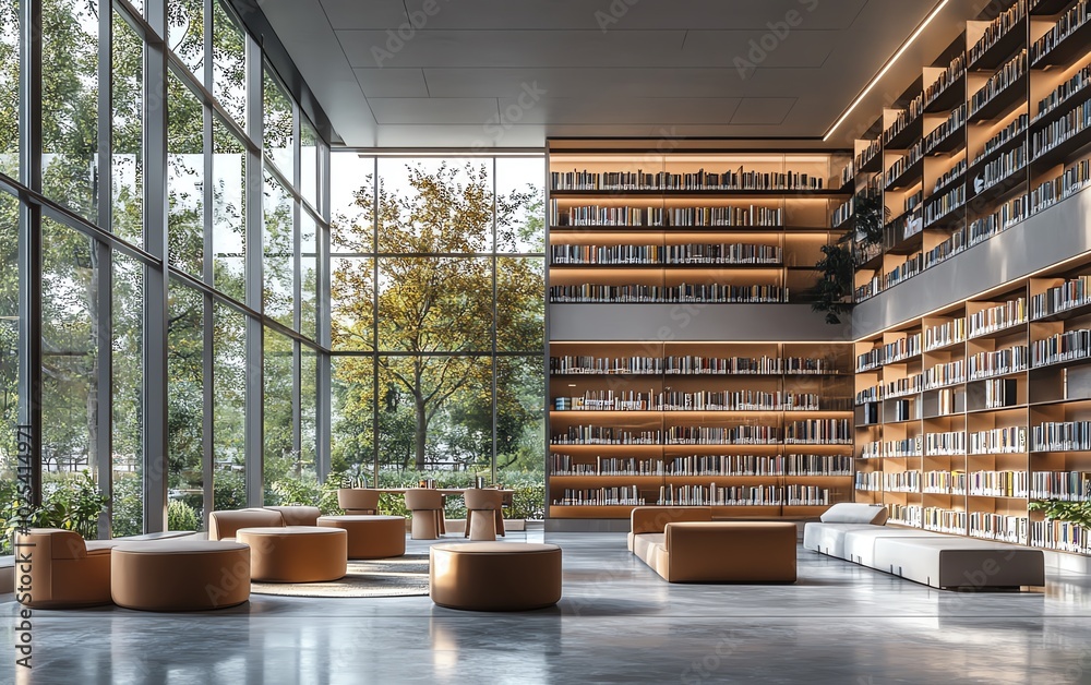 Public library with sleek modern aesthetics, blank walls ready for ...