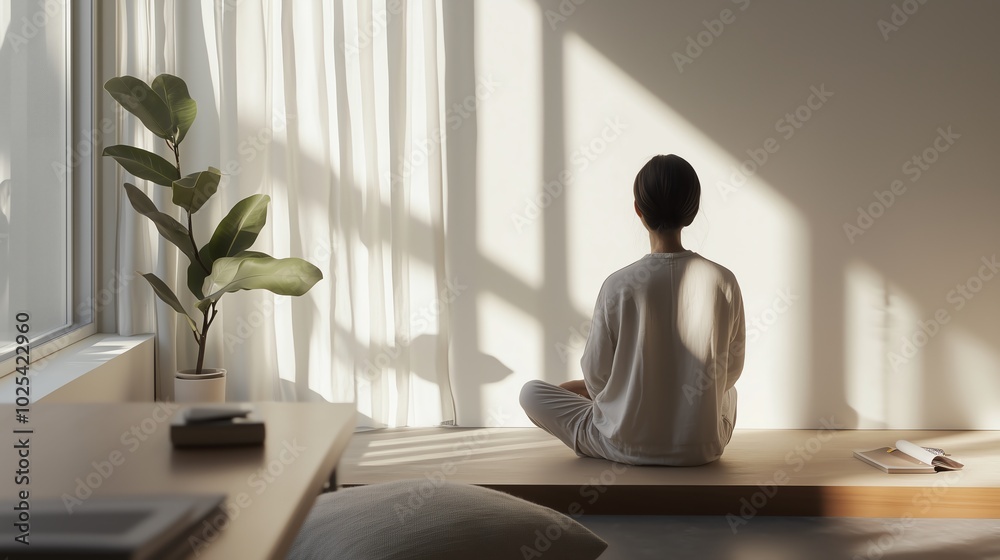Quiet Office Corner with Seated Forward Bend, Soft Light, Clean Decor ...