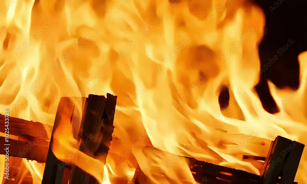 intensity ofwooden pallet engulfed flames closeup shot fierce nature ...