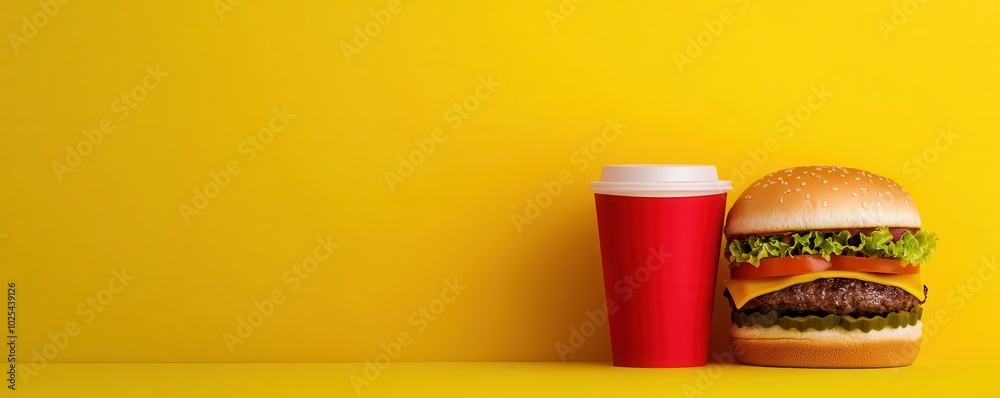 Fast food photography with colorful packaging, focusing on a burger ...