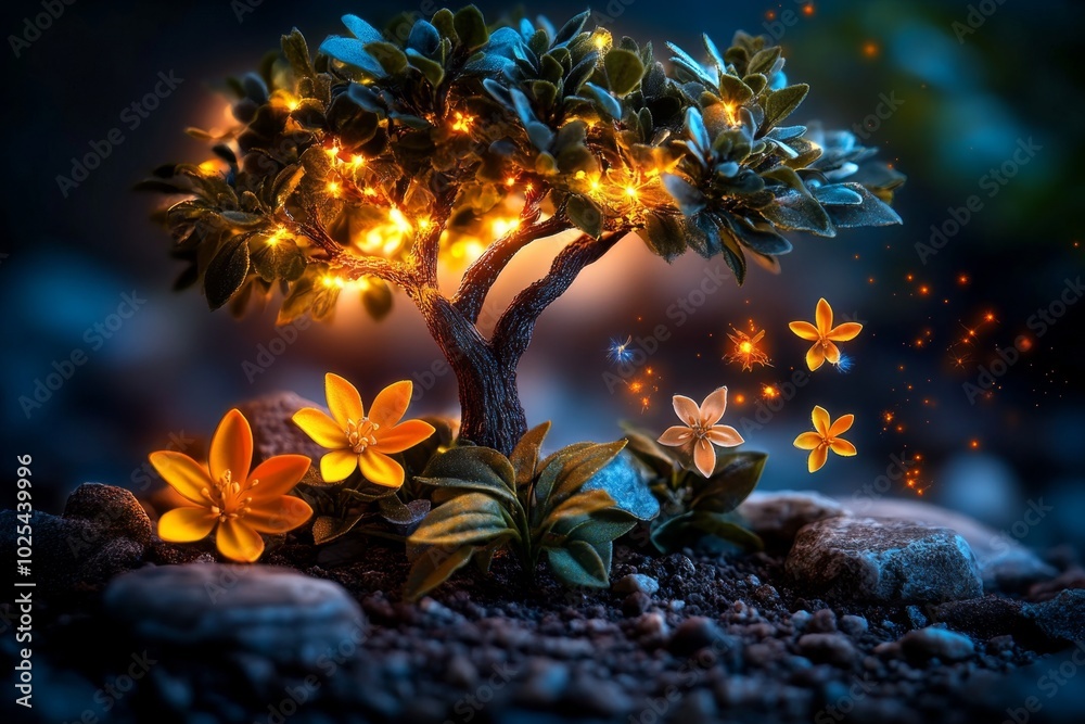 Fantasy garden where Aubrieta and Forsythia bloom under a glowing tree ...