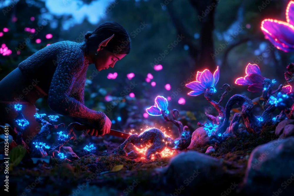 Vineyard in a mystical forest, with a person pruning vines that grow ...