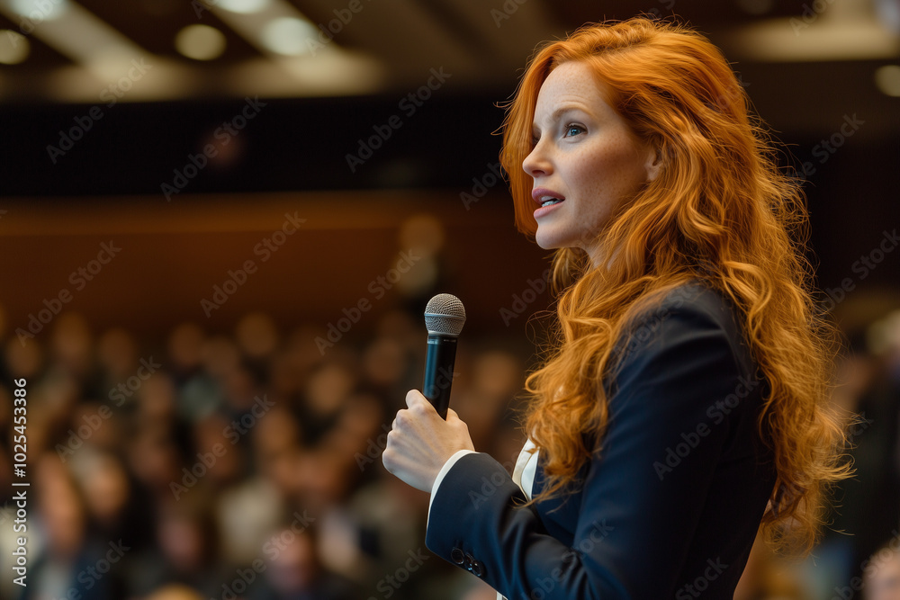 Redhead woman with microphone speaking at a conference, female speaker ...
