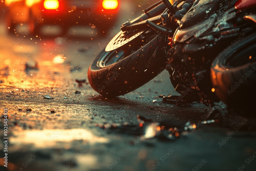 motorcycle accident on street with broken parts scattered around ...