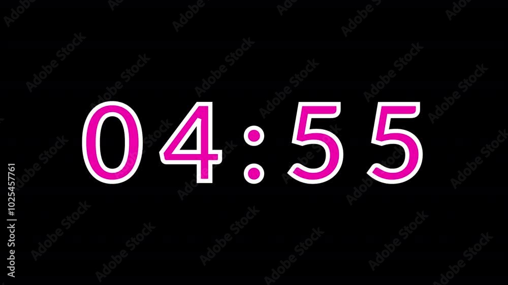 5 minutes countdown timer with white stroke on numbers and isolated on ...