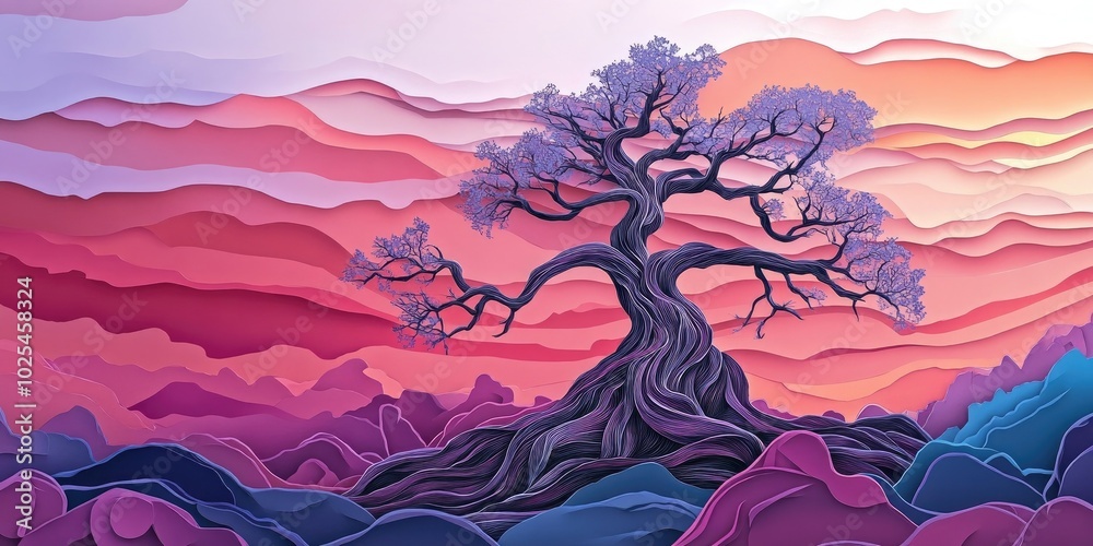 Poster A lifeless tree is entangled by its roots atop a dam, A dead ...