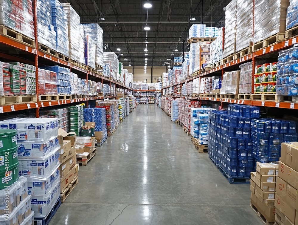 A long aisle of a warehouse with rows of stacked cardboard boxes, with ...