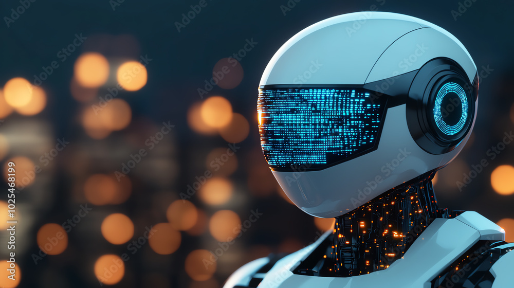 Futuristic robot with illuminated features against a blurred city ...