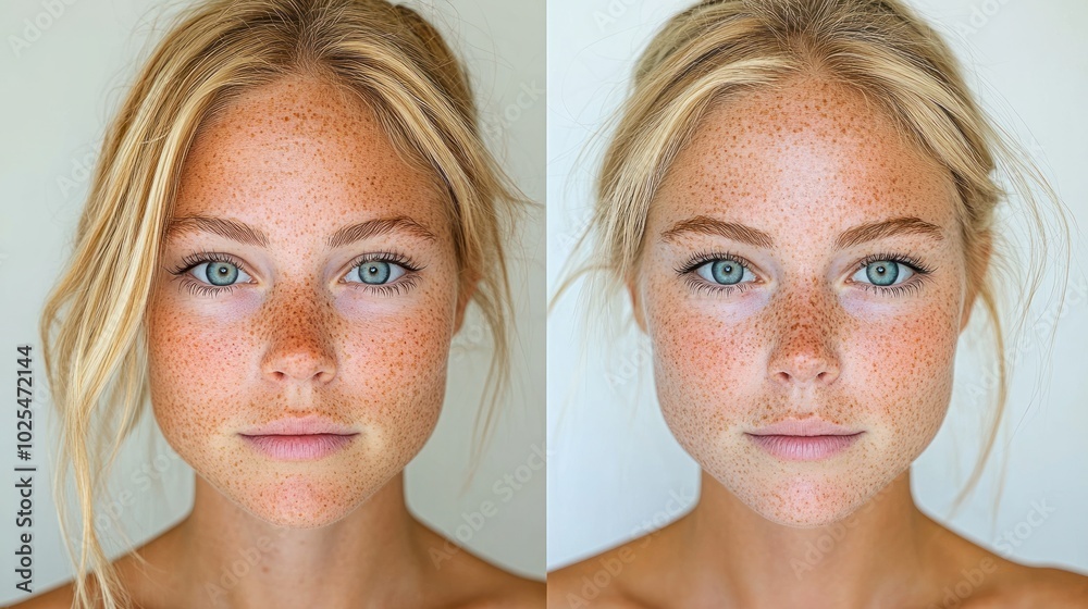 A side-by-side comparison of a woman's face, one with freckles and the ...