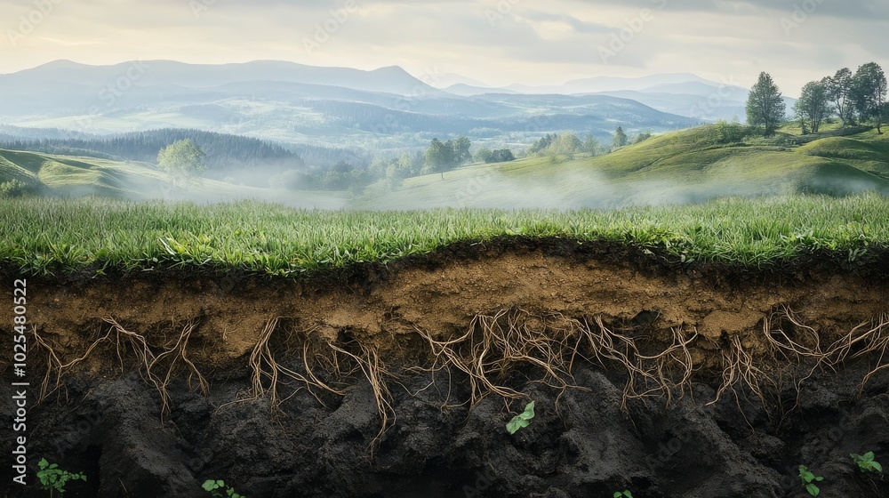 detailed soil profile, lush green turf surface, intricate root network ...