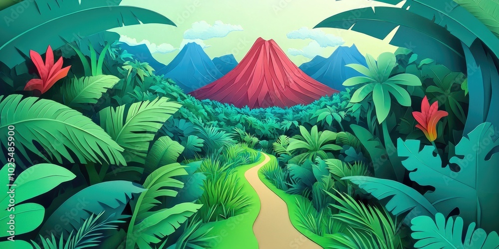 Trails leading to the summit of an extinct volcano surrounded by lush ...