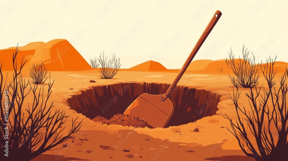 stylized cartoon illustration, excavation scene, ochre desert landscape ...