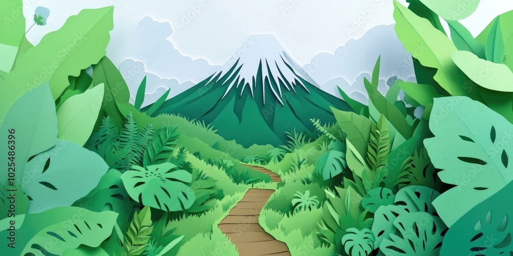 Trails leading to the summit of an extinct volcano surrounded by lush ...