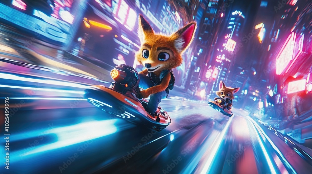 3D animated animals racing through a futuristic city on hoverboards ...