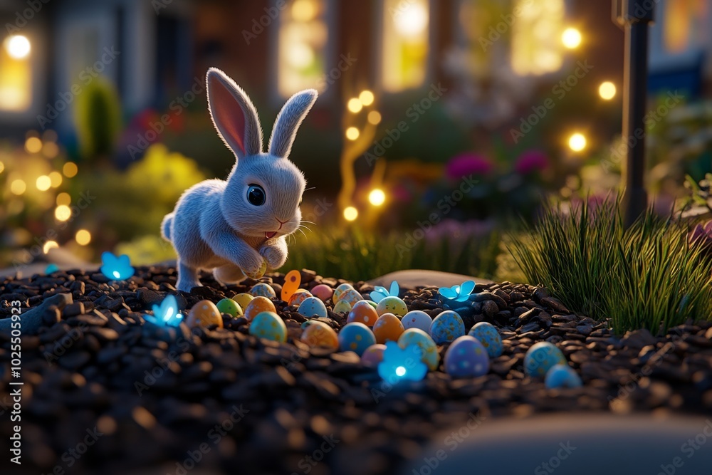 3D animation of a bunny hopping through a virtual Easter egg hunt, with ...