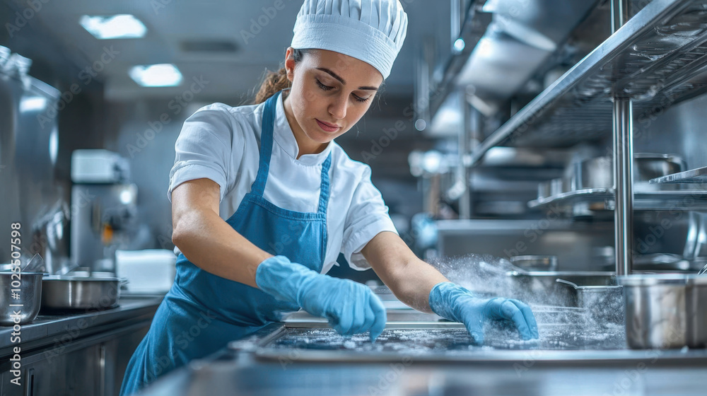 housekeeper is sanitizing restaurant kitchen, wearing uniform and ...