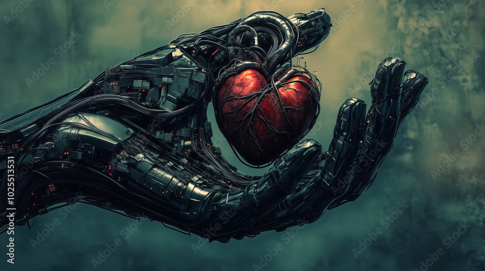 Cybernetic Metallic Hand Grasping Anatomical Heart with Veins and ...
