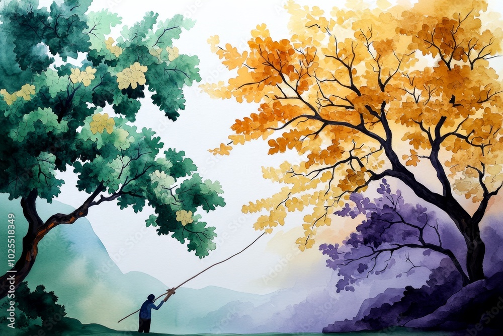 Watercolor painting of a person pruning grapevines in a vineyard, with ...