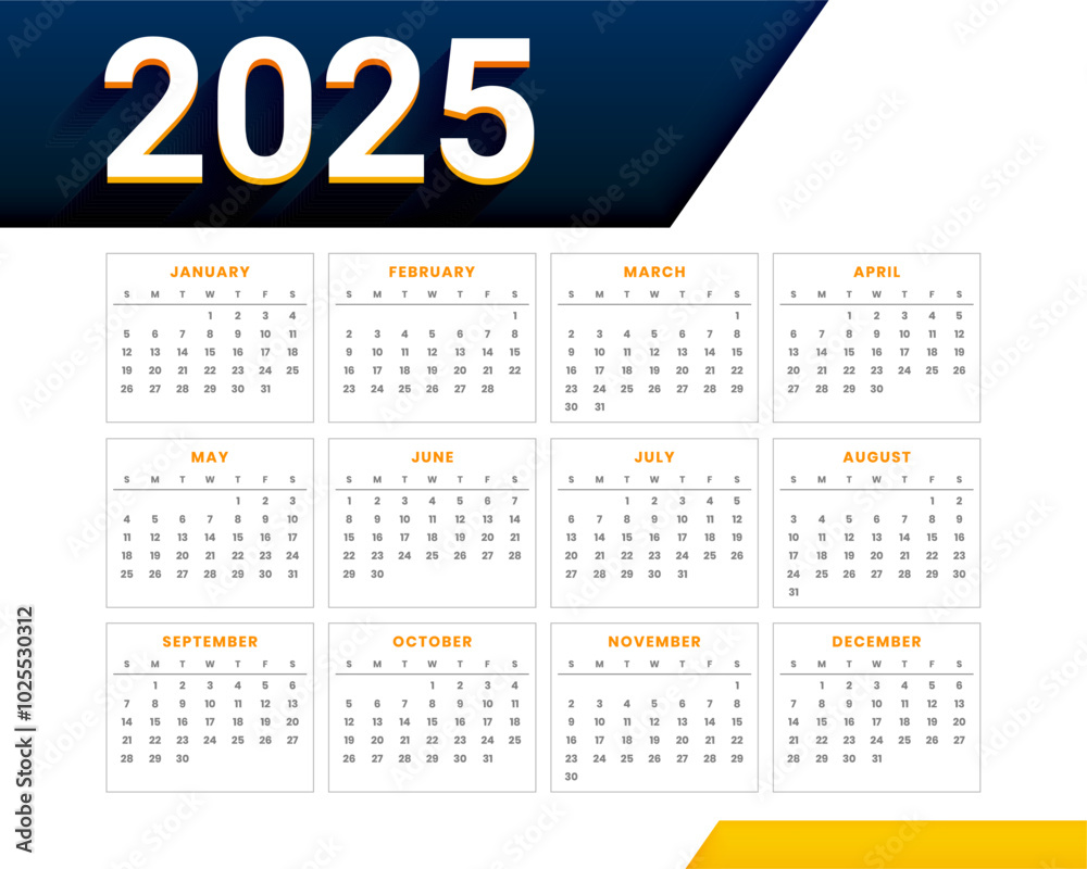 2025 new year english calendar layout business wall or desk Stock ...