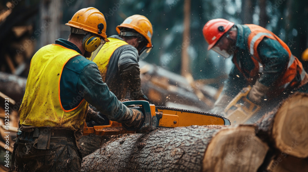 Workers in hard hats and safety vests using chainsaws to cut down large ...