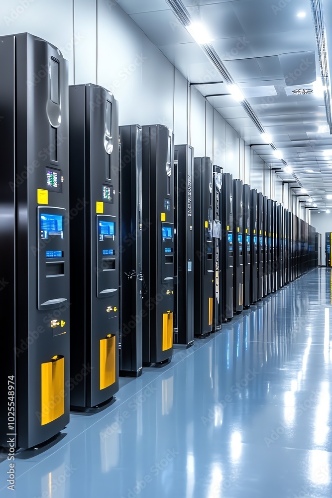 A modern data center server room with rows of advanced computing technology and secure ...