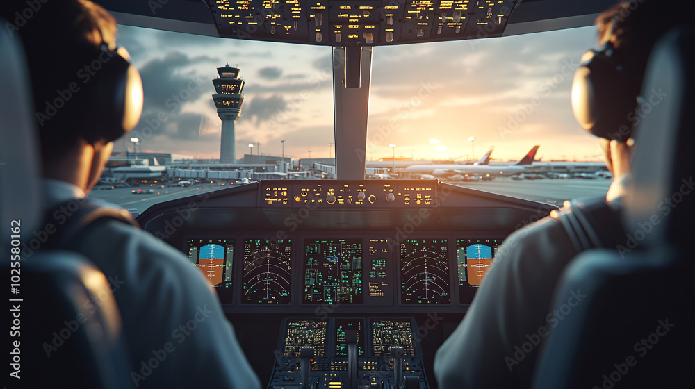 Cockpit pilot Flight Deck display. Throttle jet cabin with control ...