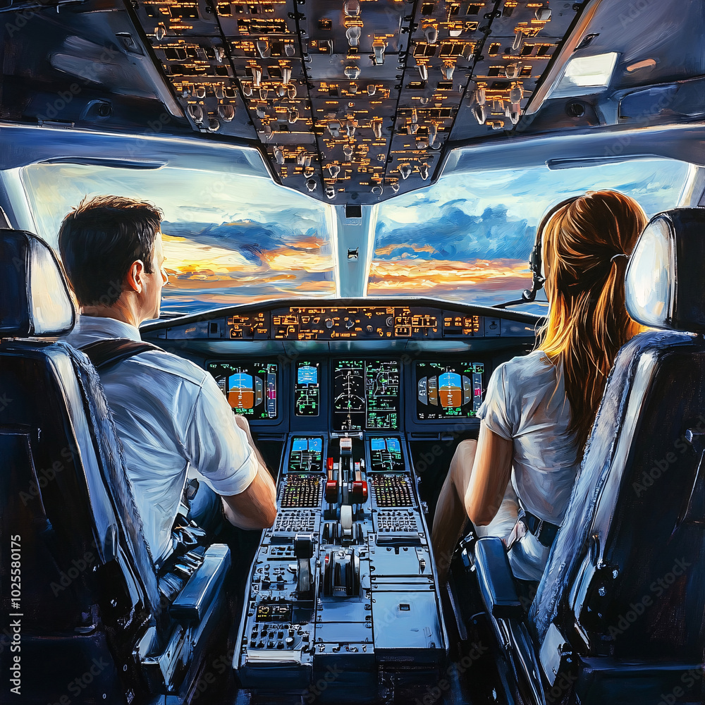 Cockpit pilot Flight Deck display. Throttle jet cabin with control ...