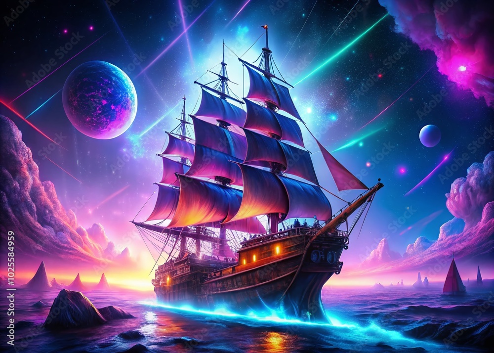 Futuristic Pirate Ship Sailing Through an Alien Ocean with Neon Lights ...
