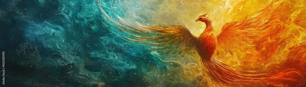 A vibrant depiction of a phoenix rising from elemental flames and water ...