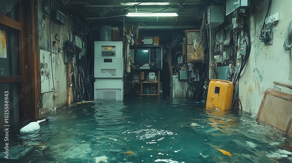 a flooded electric room with deep water covering the floor a mop ...