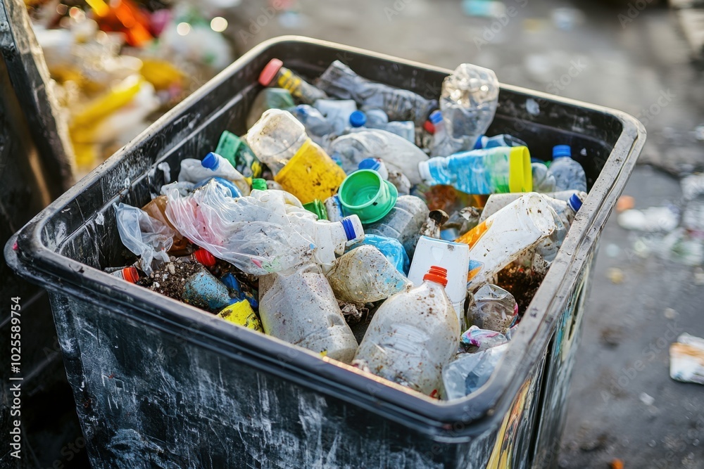 A recycling bin overflowing with various types of plastic waste ...
