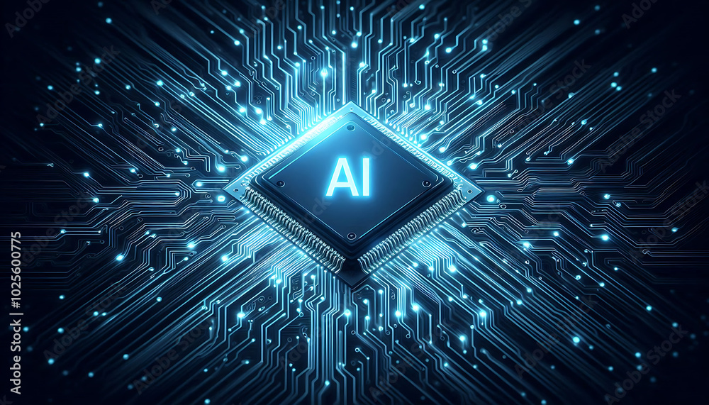 Glowing light blue neon AI chip with thin circuit contact lines. AI ...