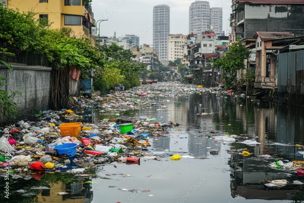 City river filled with floating trash and pollutants, showing the ...