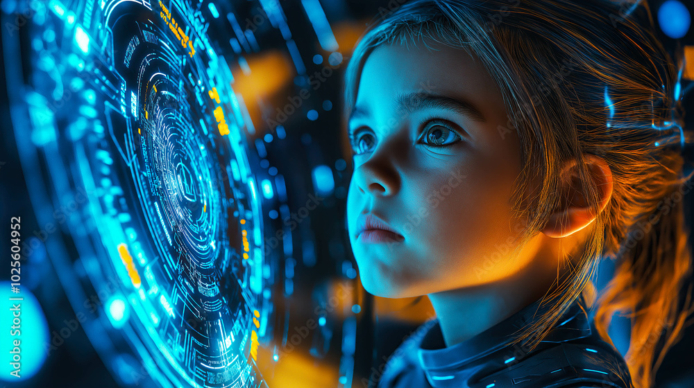 A young girl interacts with futuristic technology, filled with wonder ...