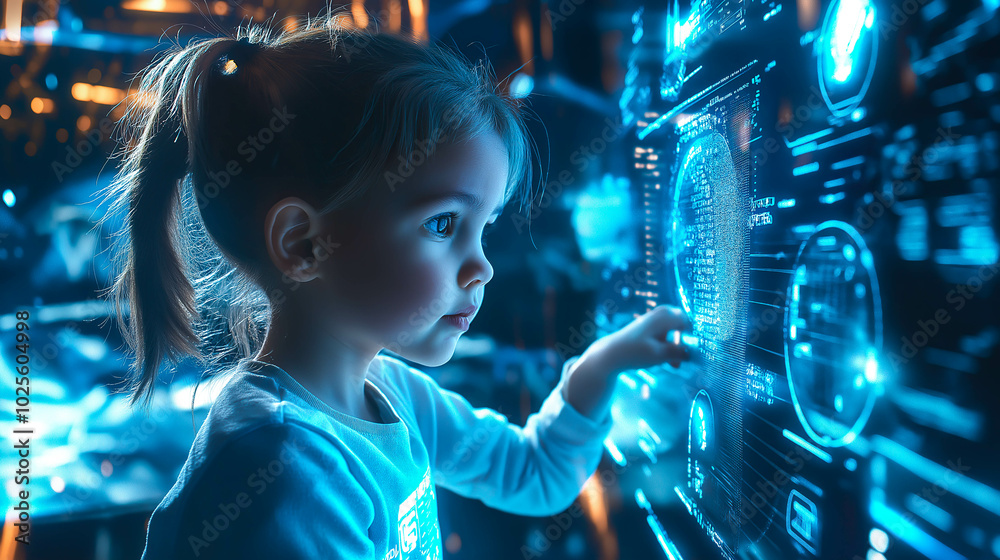 A young girl interacts with futuristic technology, filled with wonder ...
