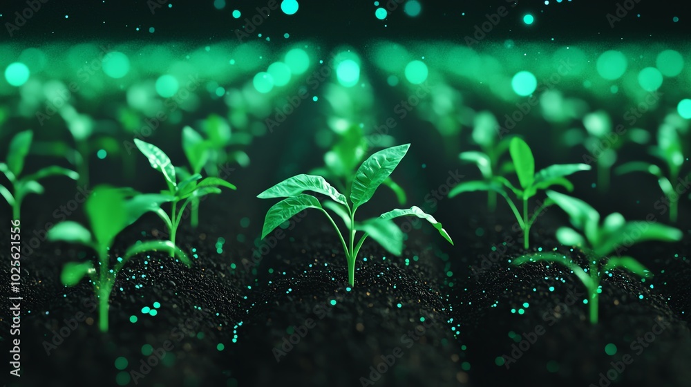 Holographic farm with AR projections showing crop growth progress, food ...