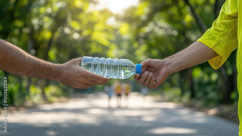 Two hands exchanging a plastic water bottle in a bright green park ...