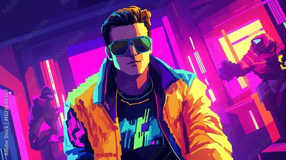 80s arcade protagonist wearing a neon jacket and sunglasses, pixelated ...