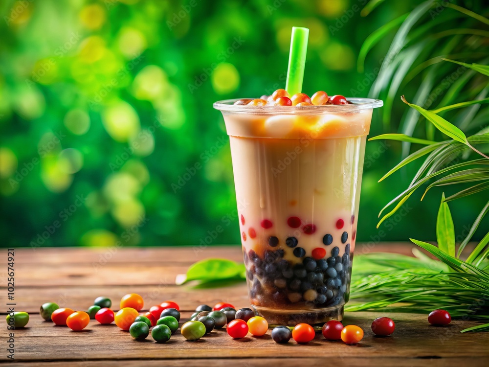 Refreshing Bubble Tea in Plastic Glass with Straw on Vibrant Green ...