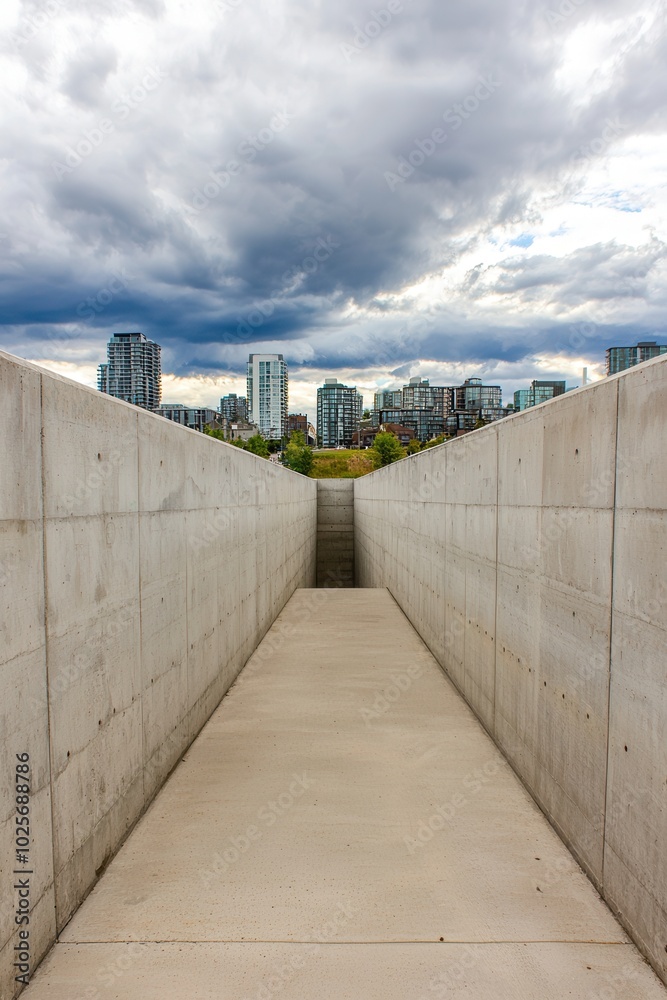 Modern concrete pathway leading to a city skyline under dramatic clouds ...