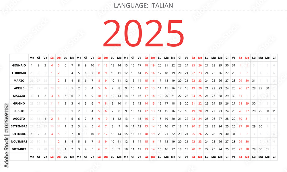 Italian 2025 linear year calendar. Days of the month in row. Printable ...