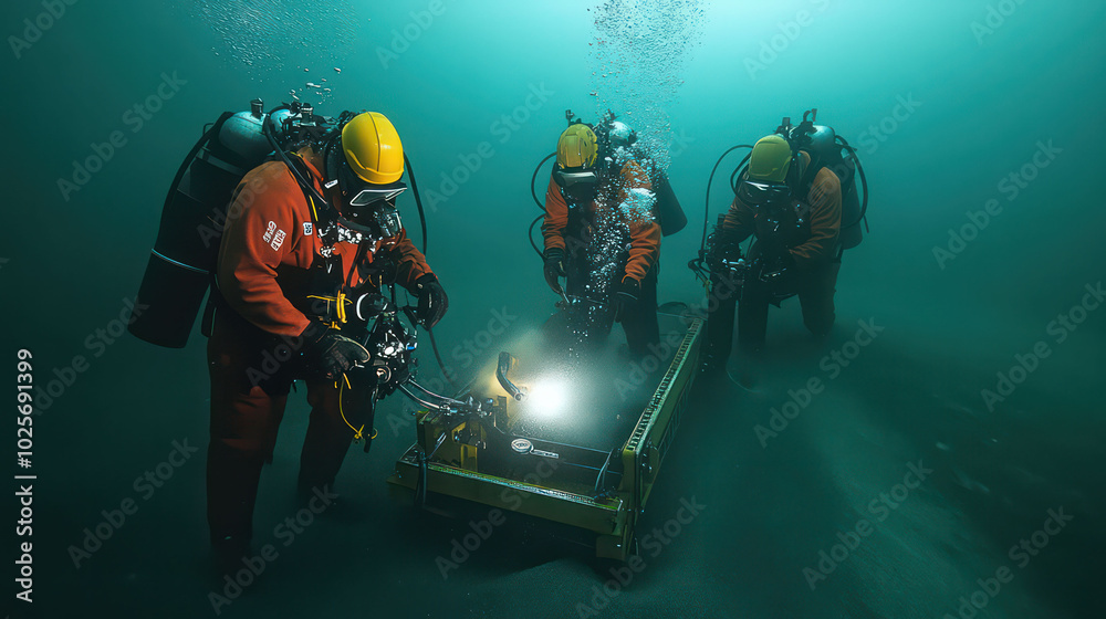 Underwater welding team working in near-zero visibility, using advanced ...