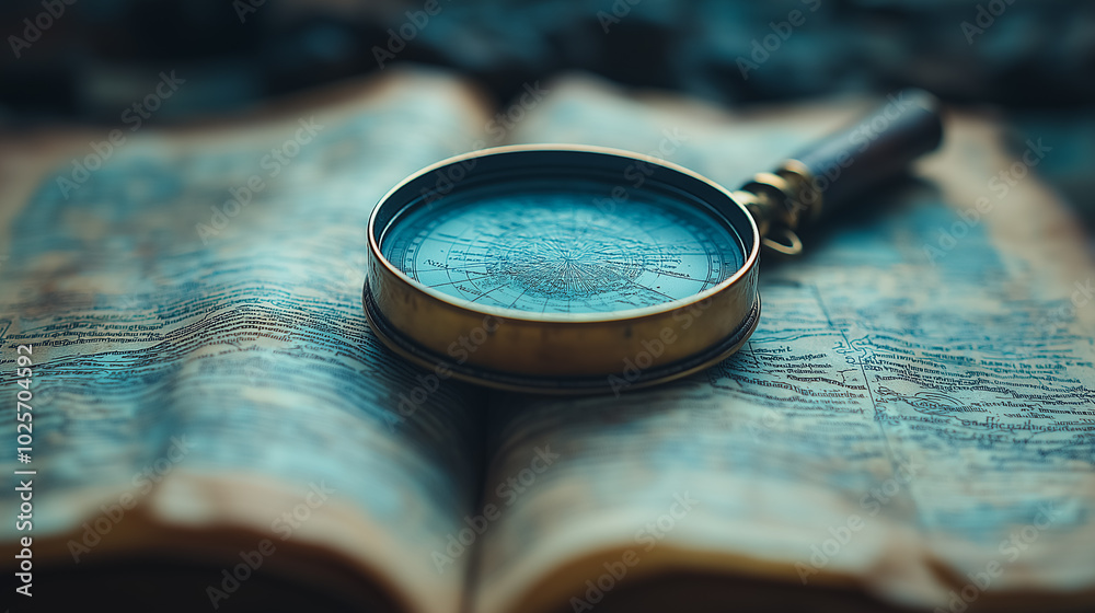 A magnifying glass is on top of a book. The book is open to a page with ...