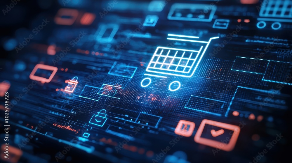 Digital shopping cart interface on a futuristic screen, representing ...