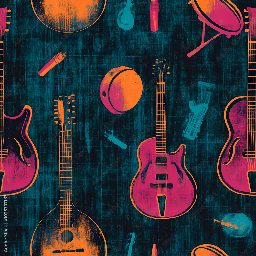 Seamless guitar pattern design featuring various guitar types and music ...