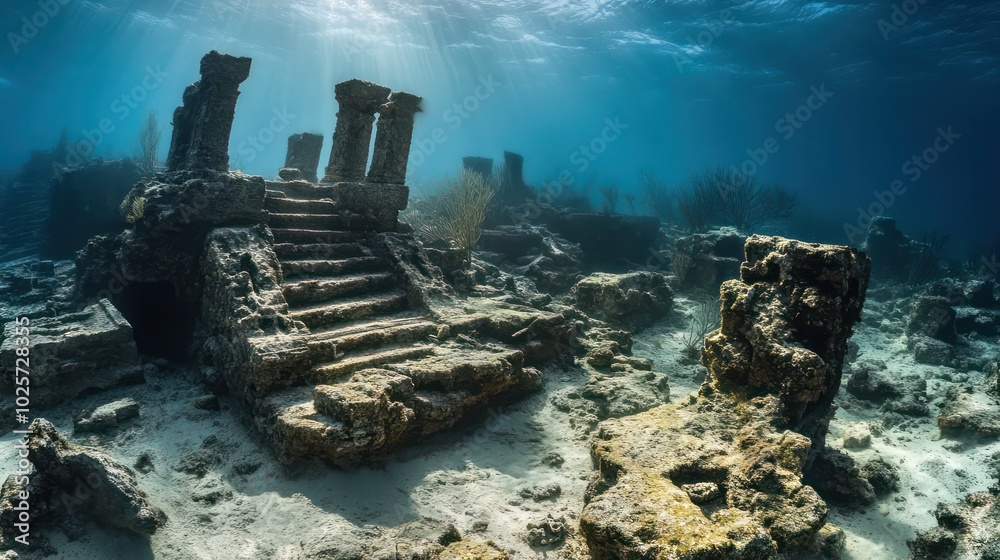 Ancient underwater ruins covered in coral, with crumbling stone ...