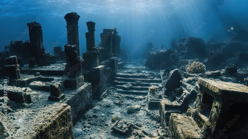 Ancient underwater ruins covered in coral, with crumbling stone ...