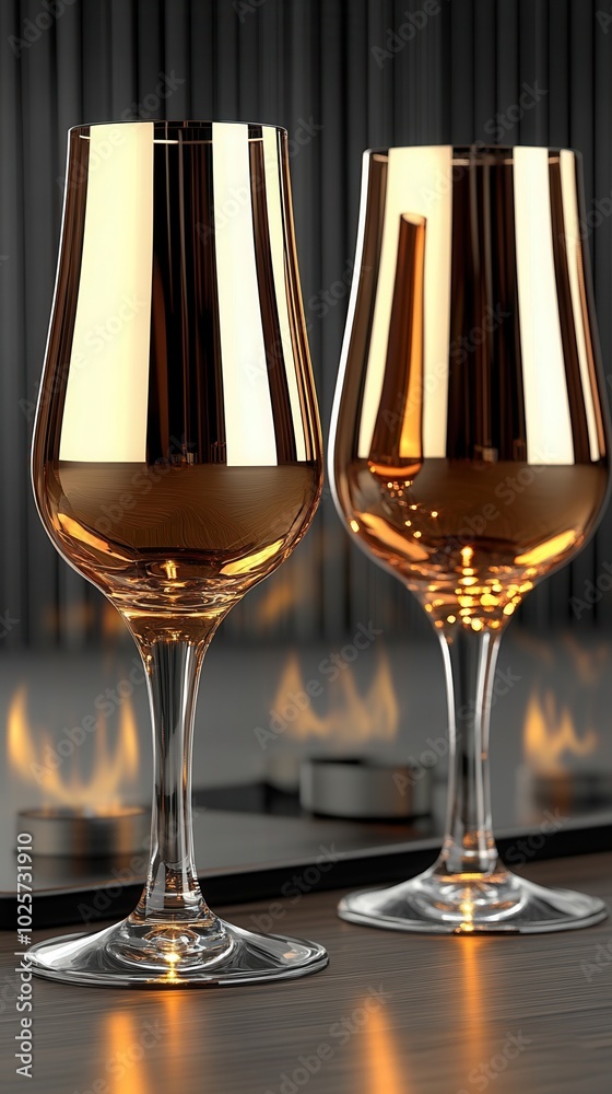 Elegant wine glasses with a golden hue, set against a modern backdrop ...